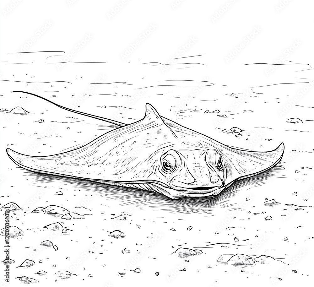 Stingray coloring page for kids, pencil drawing style, lying on the ...