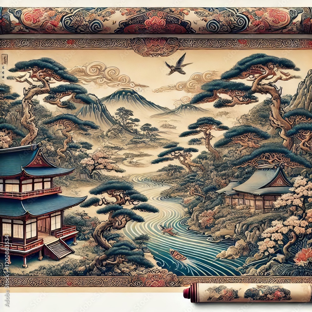Japanese Scroll An open Japanese scroll depicting a traditional Stock ...