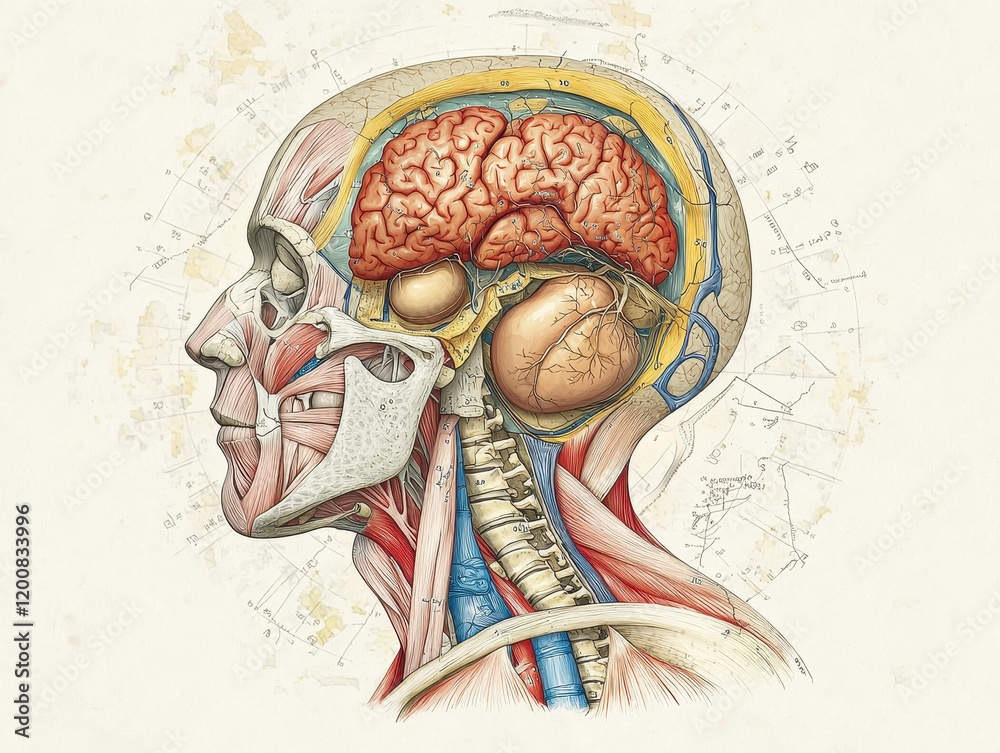 Anatomical cross section of human head showing brain and organs Stock ...