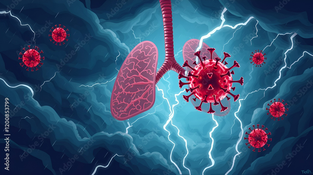 Human Metapneumovirus HMPV with lungs blueprint and virus in background ...