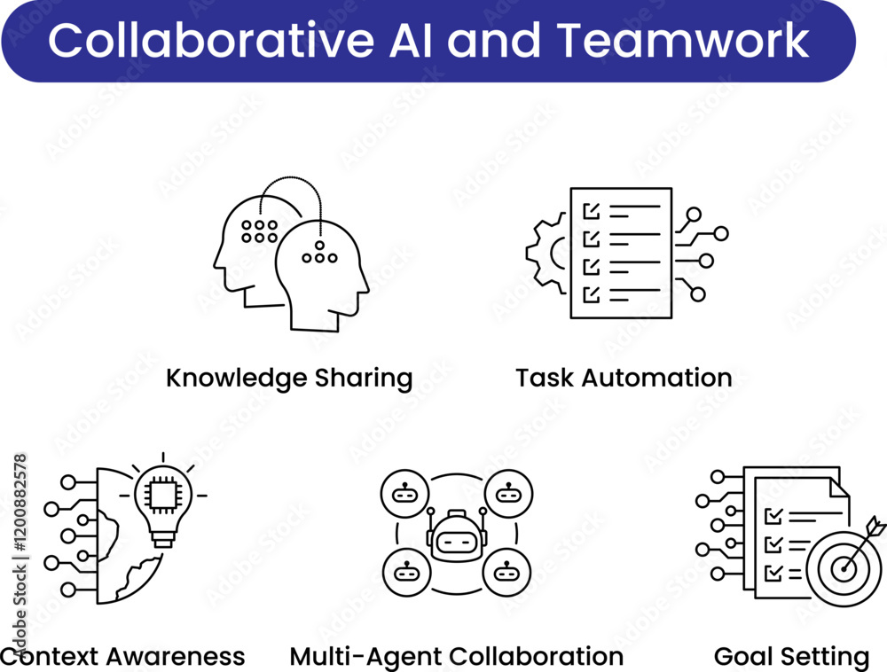 Collaborative AI and Teamwork icon set. Knowledge sharing, task ...