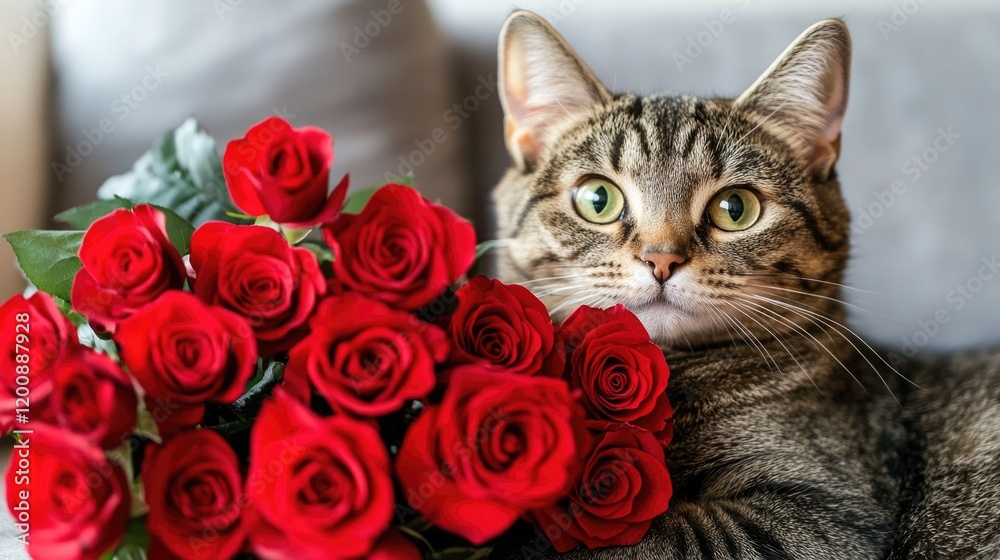 Tabby cat with red roses on sofa. The 14th of February. Happy Valentine ...