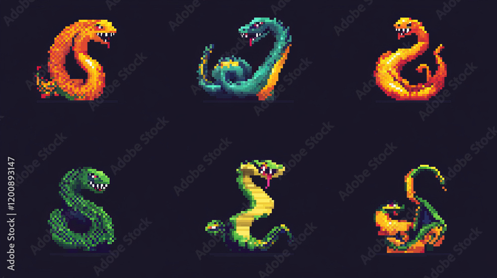 8 bit arcade game pixel snakes or reptile characters, vector cartoon ...