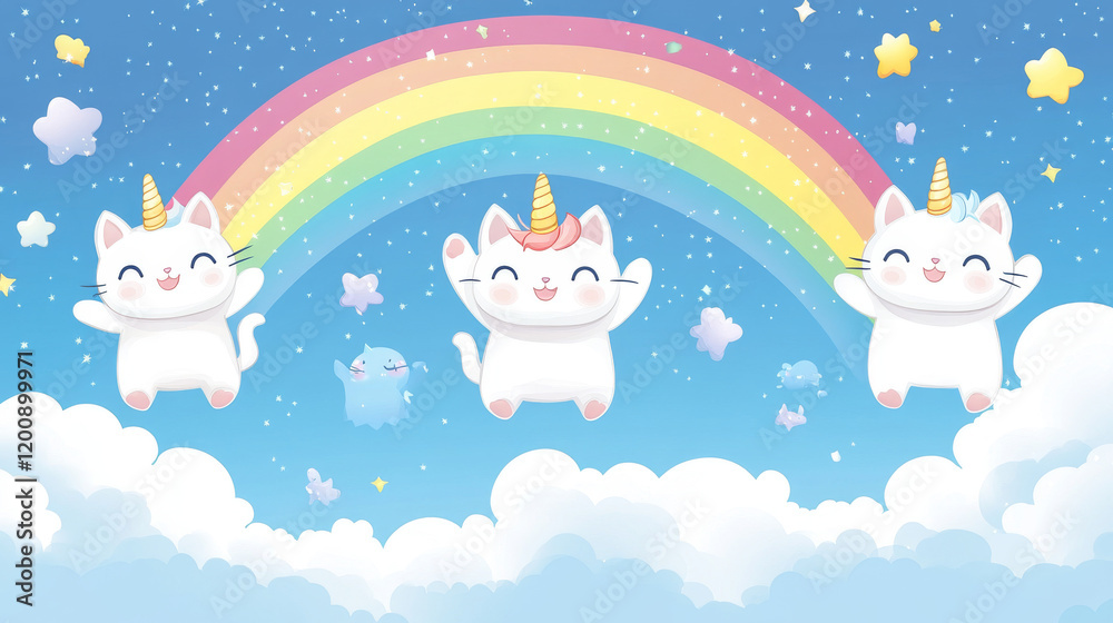 Kids diploma. Cartoon caticorn cats and kitten characters with rainbow ...