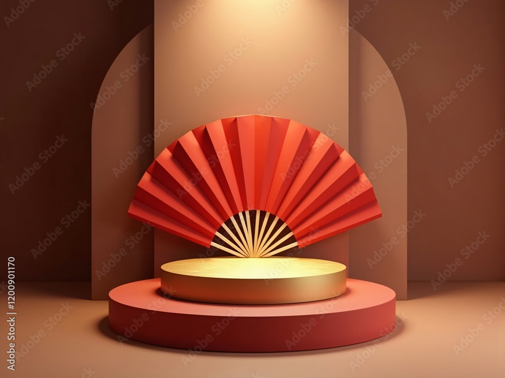 Minimal style, Gold and red round podium, Chinese paper fan backdrop ...