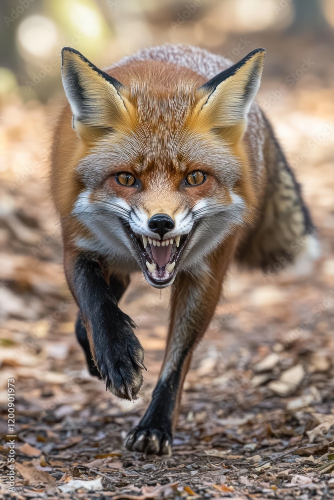 A red fox in a dynamic stance, teeth bared in a predatory posture, eyes ...