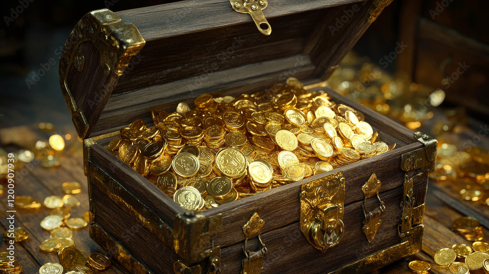 Cartoon treasure chest box animation. Golden coins and gemstones in ...