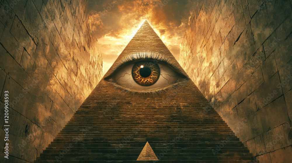 Illuminati eyes with mason pyramids. Triangle providence symbols with ...