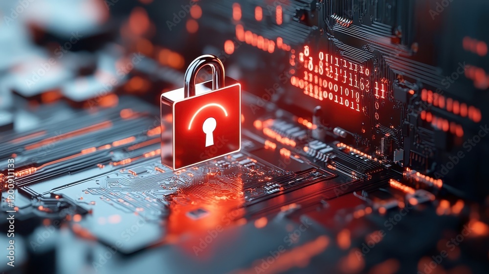 Red alert flashing on computer screen with binary code and open padlock ...