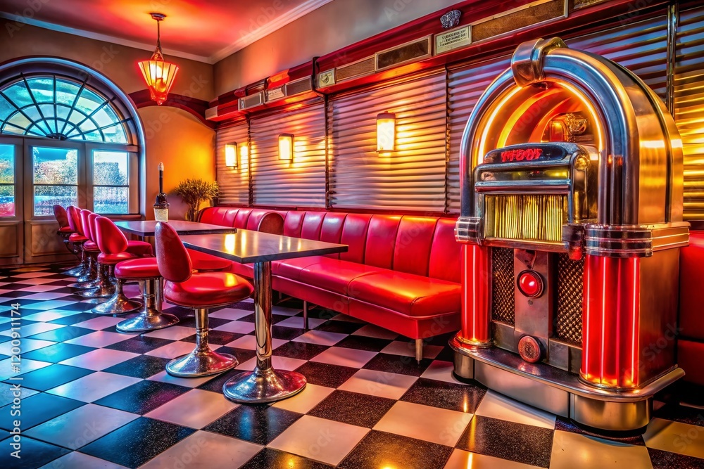 1950s Diner Retro Jukebox Chrome Neon Lights Red Booths Checkerboard ...
