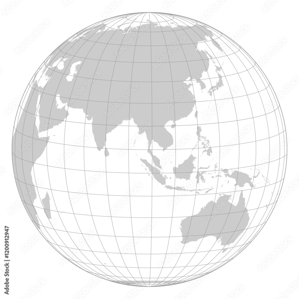 Grey world orthographic map with grid line view point on Asia and ...