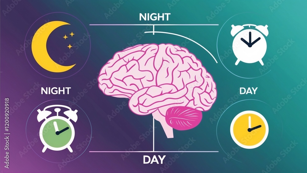 Illustration shows brain model with clock on. Night, day symbols on ...