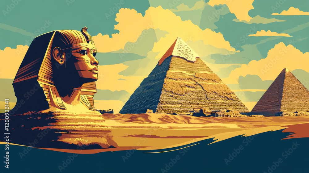 Ancient Egypt travel tour retro poster. Cairo famous places vintage ...