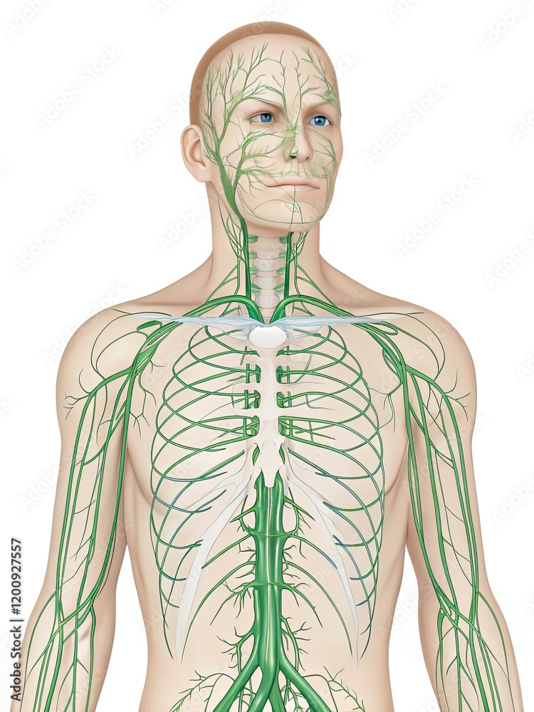 Human Lymphatic System Anatomy Detailed Illustration of Lymph Nodes Vessels and Thoracic Duct ...
