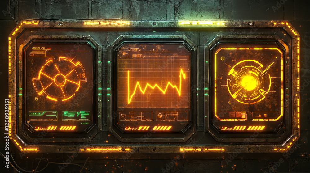 Ilustración de Stock HUD red danger and warning interface frames. Sci-Fi user interface display ...