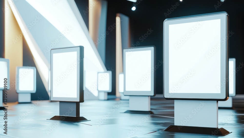 White digital kiosks aligned in a clean gallery space ready for ...