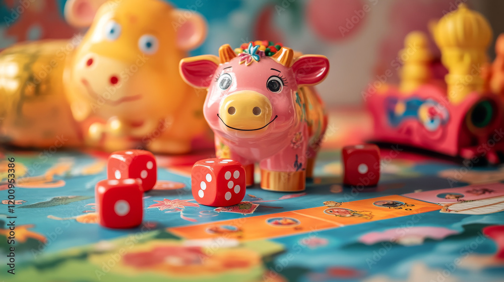 Child New Year board game with Chinese zodiac ox and paper lanterns ...