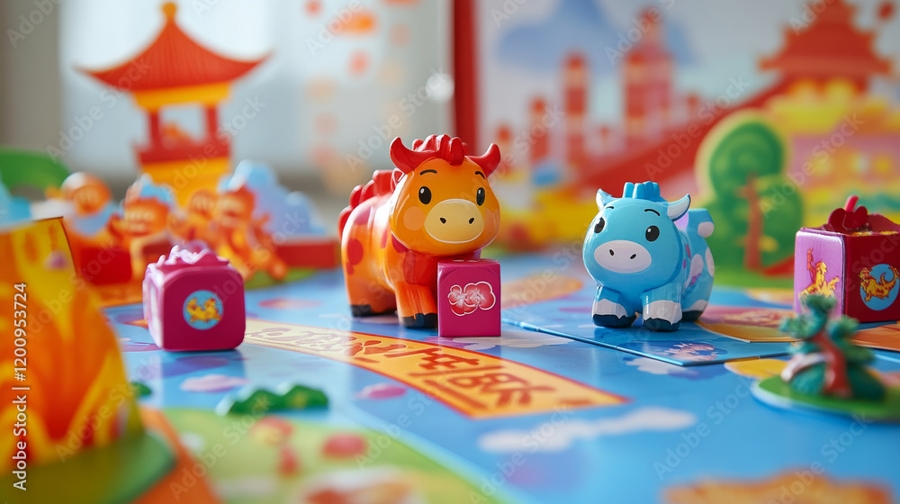 Child New Year board game with Chinese zodiac ox and paper lanterns ...