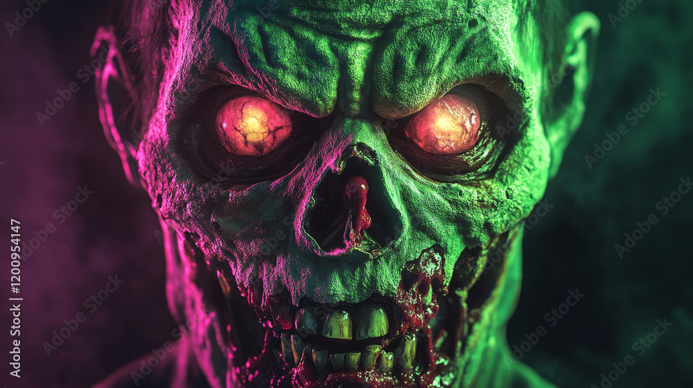 Cartoon Halloween zombie emoji depicts vector greenish, decaying face ...