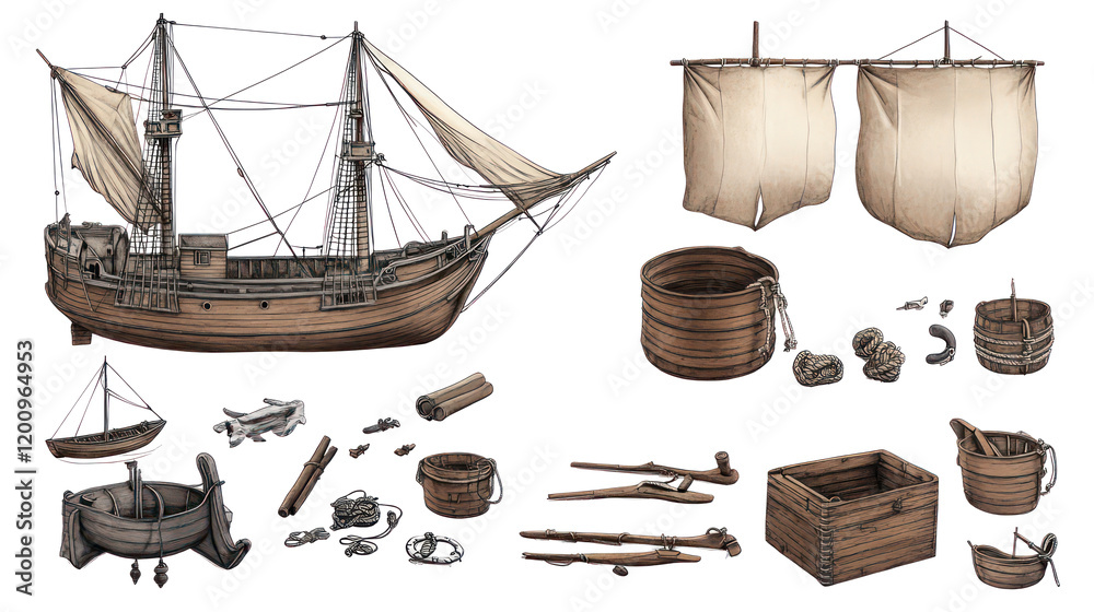 Maritime Woodcut Collection Featuring Ship and Tools Generative AI ...
