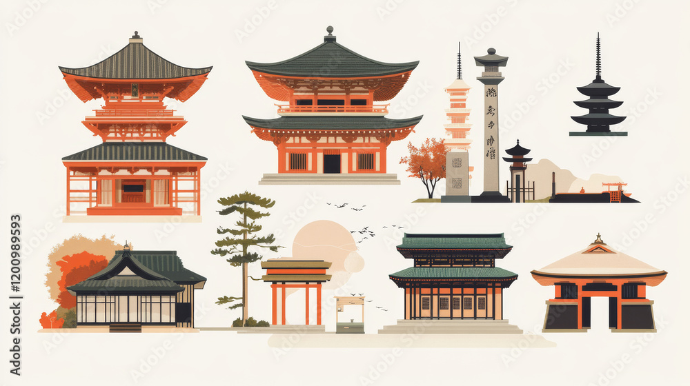 Japanese travel landmark vector icons. Shingon Buddhist temple Gokoku ...
