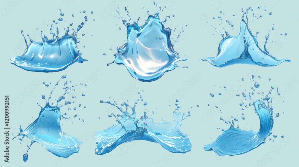 Cartoon water splash effects depict fluid dynamic splashing, droplets and ripples in motion ...