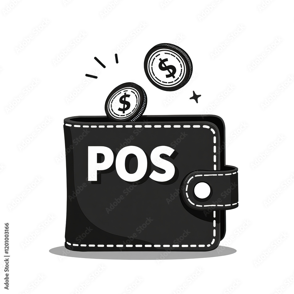 Black wallet with white POS text and falling coins on a transparent ...