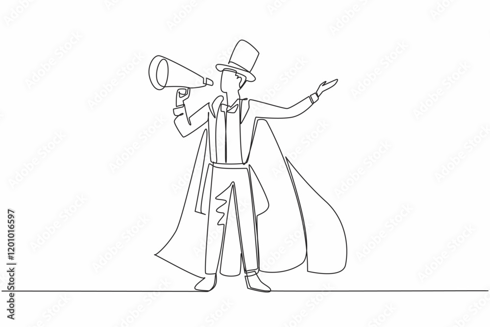 Single one line drawing showman stands and holding megaphone. Can ...