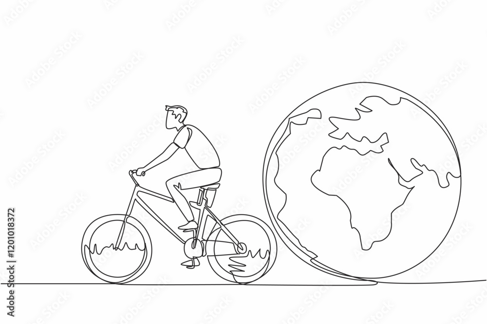 Single continuous line drawing a man riding a bicycle and behind him is ...