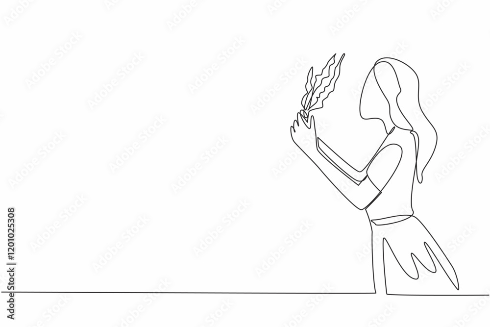 Continuous one line drawing a woman smells the lavender flower she is ...
