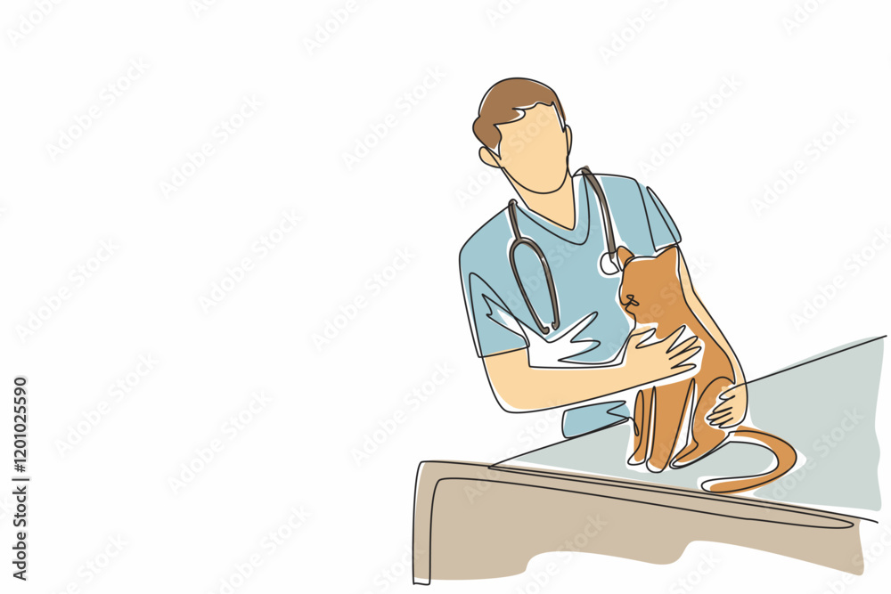 Continuous one line drawing male veterinarian embracing cat sitting on ...