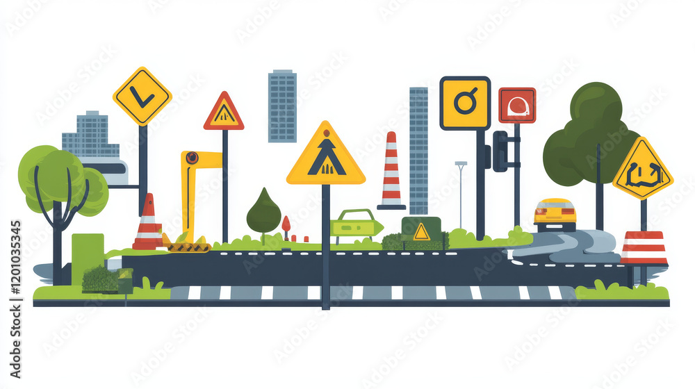 Road safety vector icons, pathway, highway repair. City highway road ...