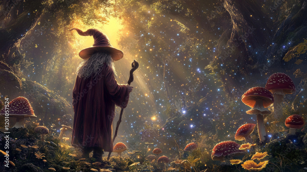 Magic mushrooms and wizard in fantasy forest. Cartoon vector banners ...