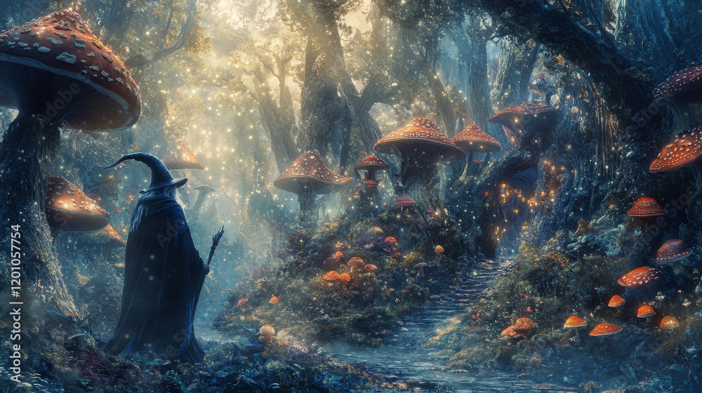 Magic mushrooms and wizard in fantasy forest. Cartoon vector banners ...