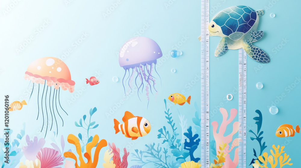 Kids height chart with underwater cartoon sea animals, vector growth ...