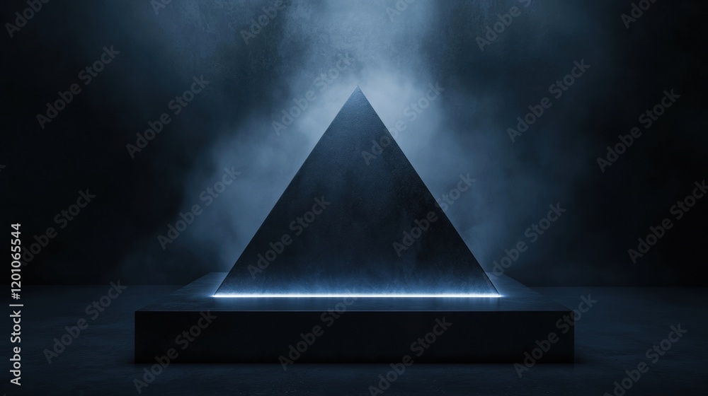 3d rendering of a pyramid-shaped object in the center of a dark room ...