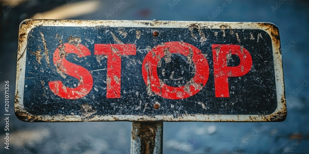 Worn red stop sign on a textured black background with faded edges ...