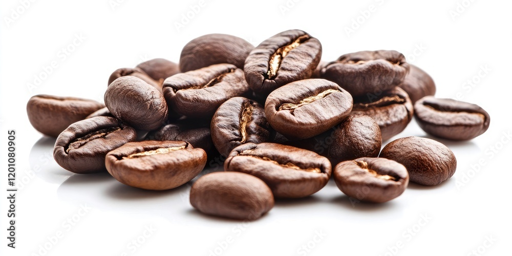 Roasted coffee beans piled on a reflective surface with a white ...