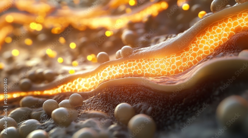 98.A 3D cross-section of skin layers showing glowing vitamin molecules ...