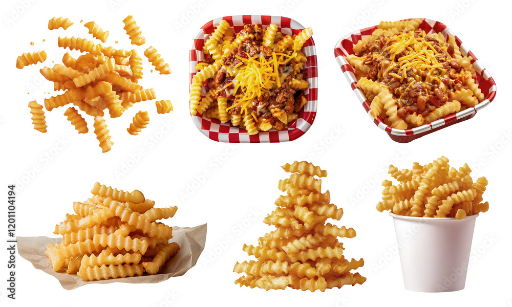 Crinkle cut wavy potato french fries fry, many angles view side top ...