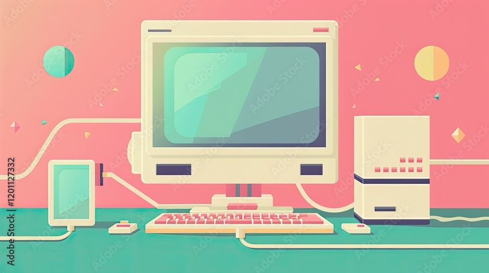 A flat vector illustration of a retro computer, with a pastel color ...