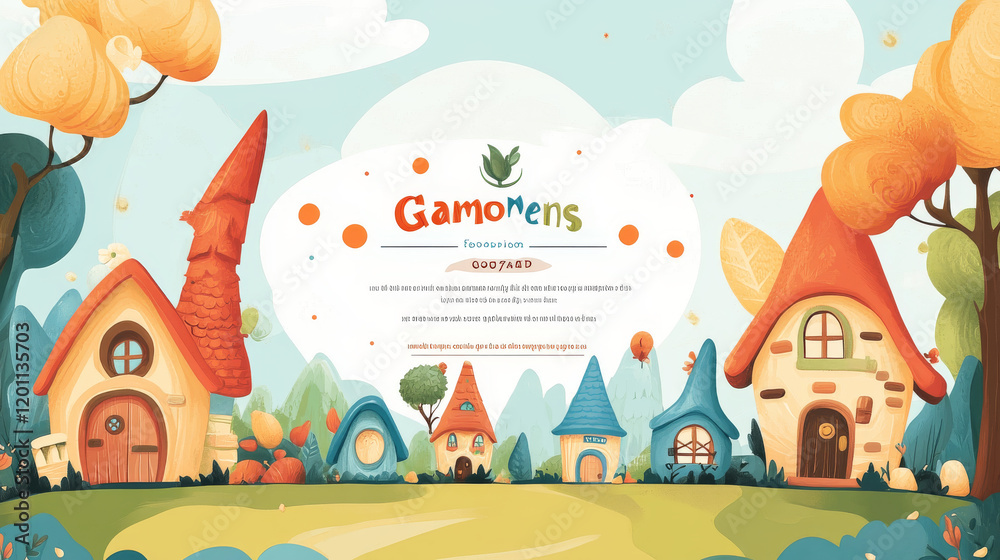 Ilustración de Stock Kids diploma certificate, fairy tale dwarf houses ...
