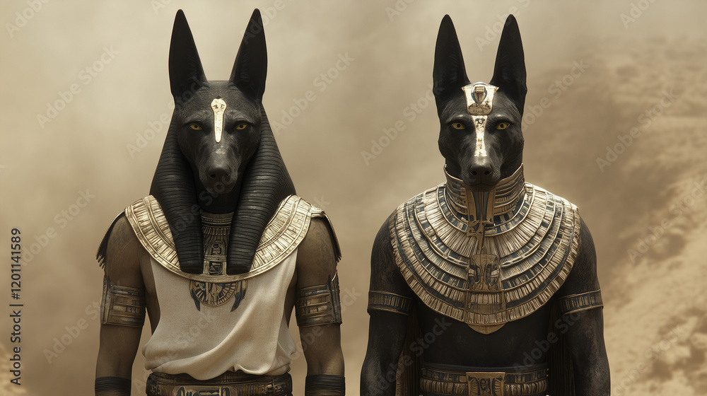 Anubis Guardians: Two imposing statues of Anubis, the ancient Egyptian ...