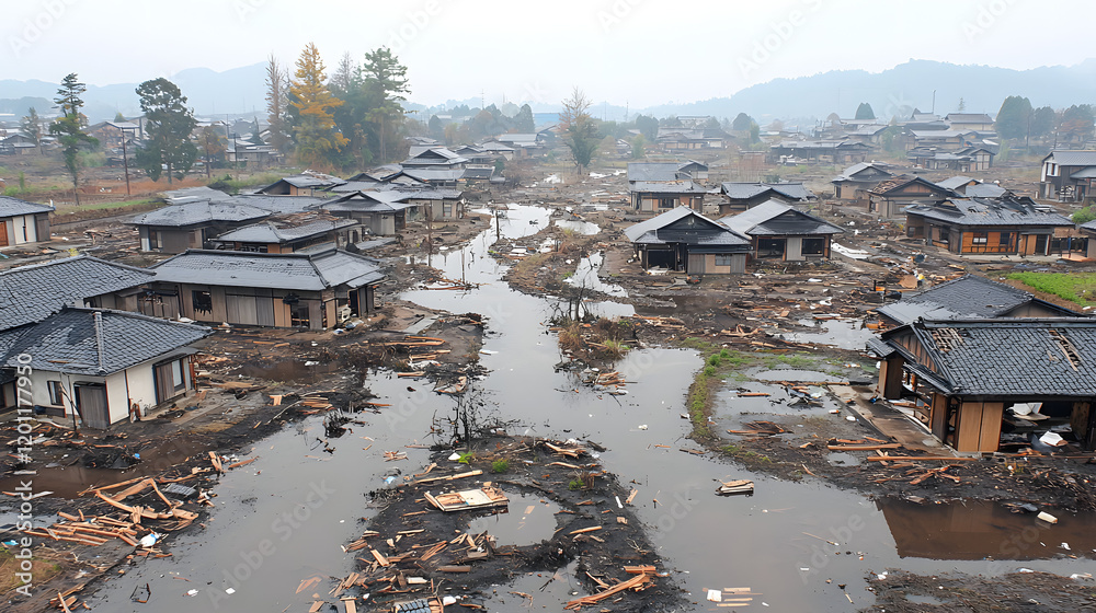 Devastated Village Aftermath: Aerial view of a village submerged and ...