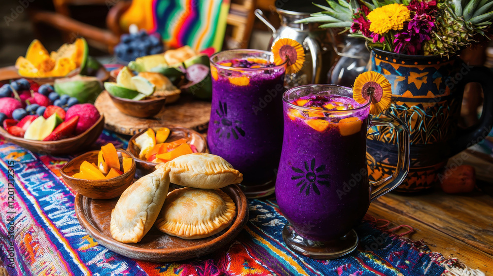 Vibrant Peruvian Scene with Food and Drinks Celebrating the Inti Raymi ...