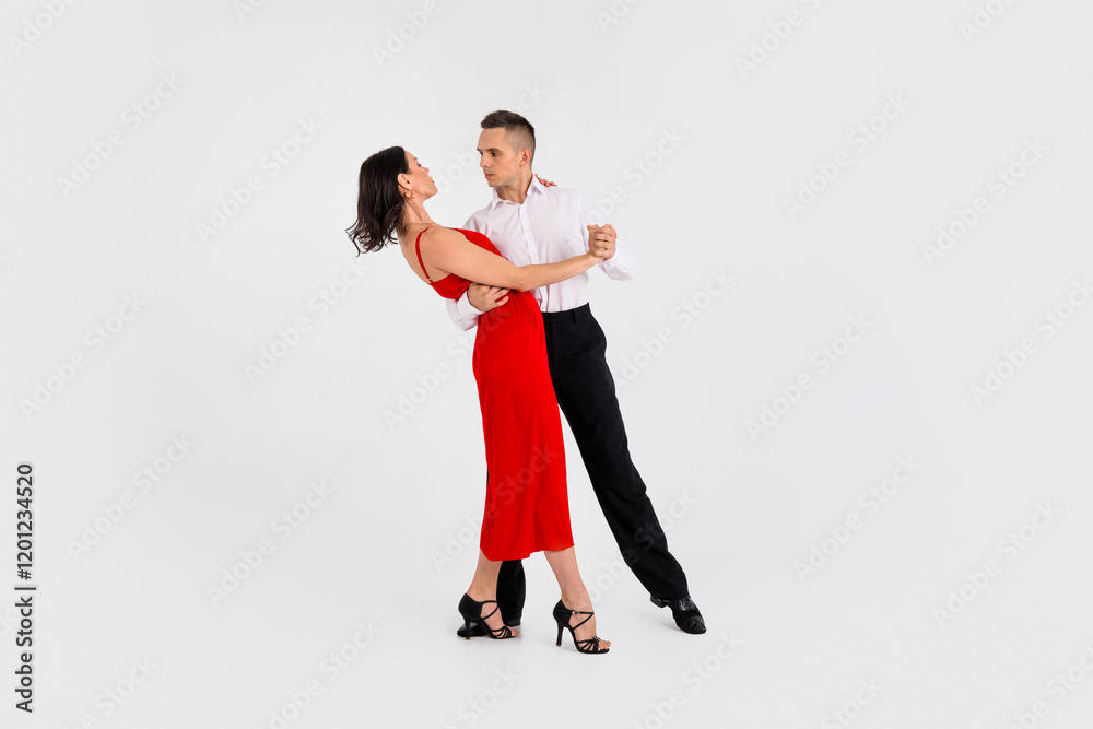 Full size photo of two young people dancing partners performing ...