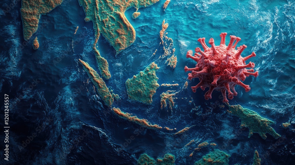 Coronavirus visualization over southeast asian map with ocean background. HMPV, Human ...