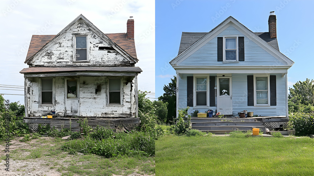Old house restoration before and after images showcasing renovation from a weathered, abandoned ...