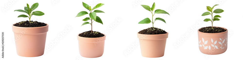 Sprouting green plants growing in ceramic pots with healthy soil for ...