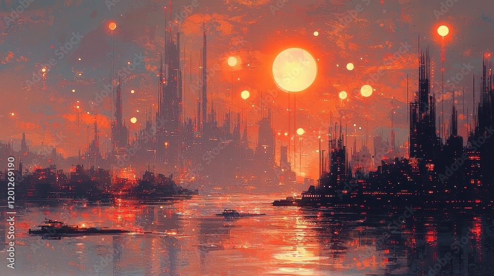 A cyberpunk-inspired harbor glowing with vibrant neon reflections on ...